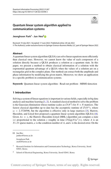 quantum linear system algorithm applied to communication systems