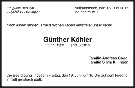 Traueranzeigen von Günther Köhler ZVW Trauer