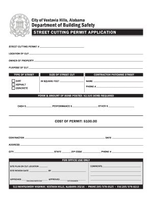 Fillable Online Street Cutting Permit Application Vestavia Hills Fax