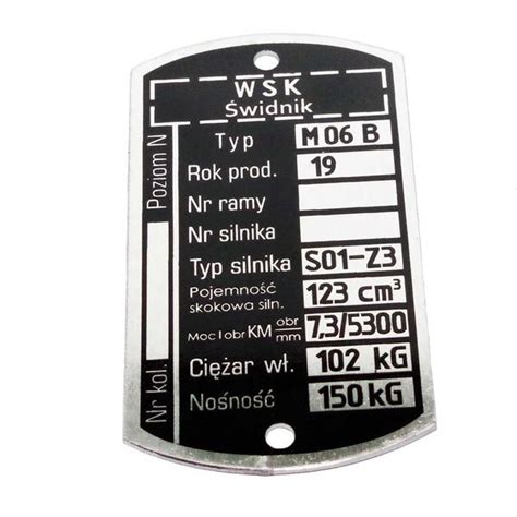 Tabliczka Znamionowa WSK 125 M06 B3 Arena Pl
