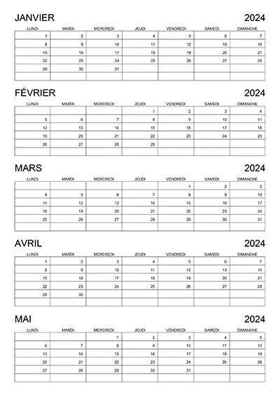Calendrier janvier février mars avril mai 2024 calendrier su