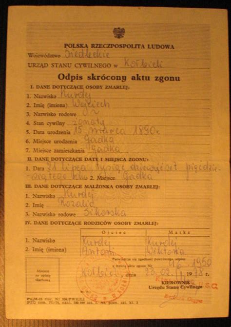 Wojciech Kurdej Odpis Skr Cony Aktu Zgonu Awers