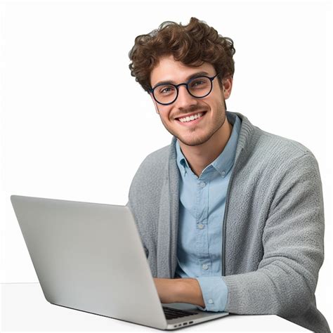 Premium Photo A Man In Glasses Is Sitting At A Laptop With A Smile On His Face