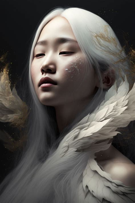 Beautiful Girl Of Korean Nationality On A Black Background An Angel With Wings Goldprint
