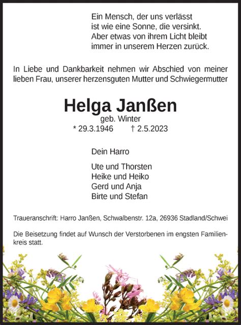 Traueranzeigen von Helga Janßen nordwest trauer de
