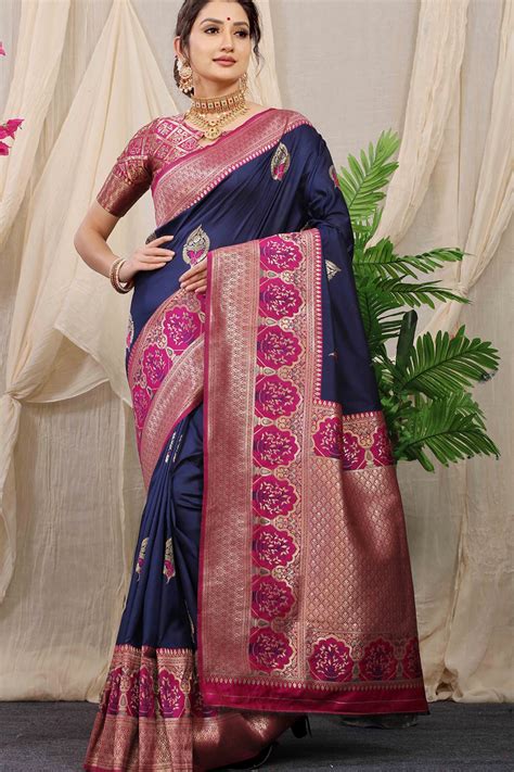 Woven Jacquard Banarasi Silk Saree In Navy Blue Ucchal Fashion