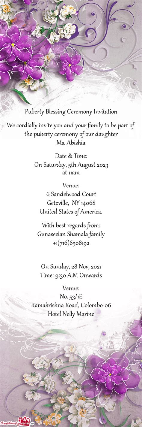 Puberty Blessing Ceremony Invitation Free Cards