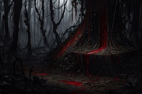 Un bosque oscuro con un árbol en el medio y un árbol rojo en el fondo