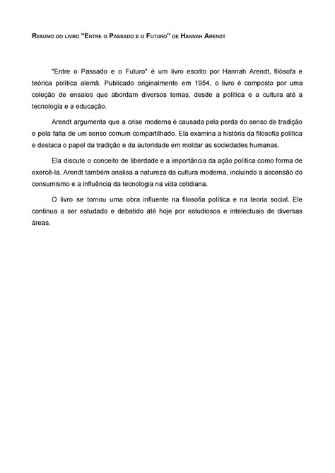 Resumo Do Livro Entre O Passado E O Futuro De Hannah Arendt RESUMO DO