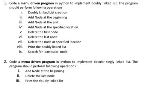solved 1 code a menu driven program in python to implement