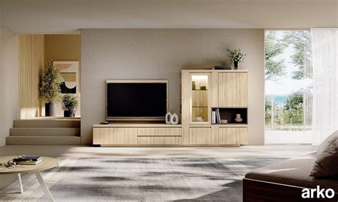 Mueble de salón con luz Led en tono claro con panel TV giratorio