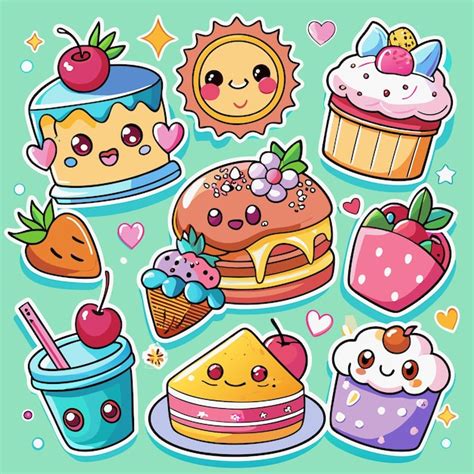 Cute Cartoon Desserts And Pastry Characters Stickers Premium AI