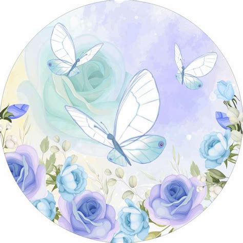 Painel De Tecido Sublimado Redondo Borboletas E Flores Aquarela Azul C