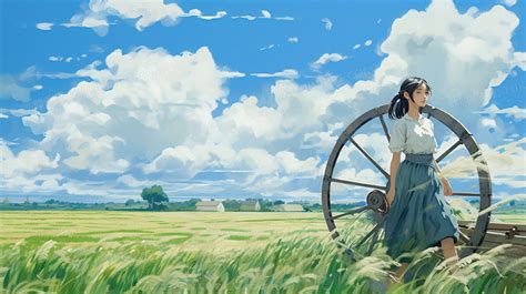 唯美草原上的小女孩风景插画图片素材下载 jpg格式 熊猫办公