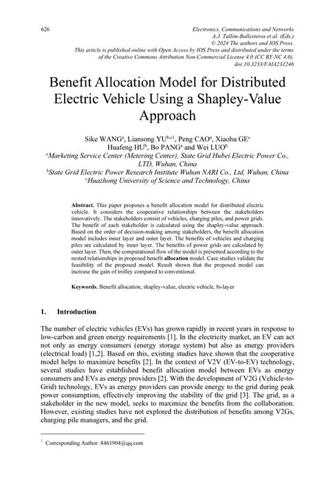 pdf benefit allocation model for distributed electric vehicle using a shapley value approach