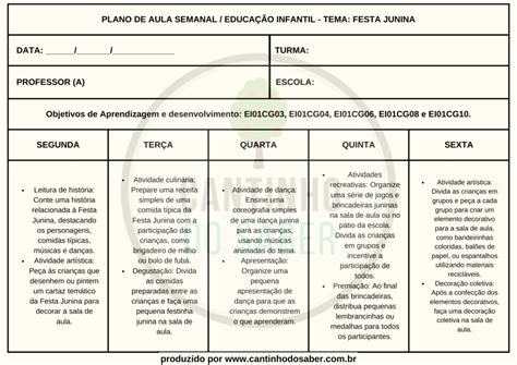 PLANO DE AULA SEMANAL FESTA JUNINA PARA EDUCAÇÃO INFANTIL ALINHADO