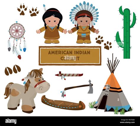 Conjunto de símbolos indios tradicionales con personajes de dibujos