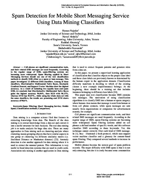 pdf spam detection for mobile short messaging service using data mining classifiers journal