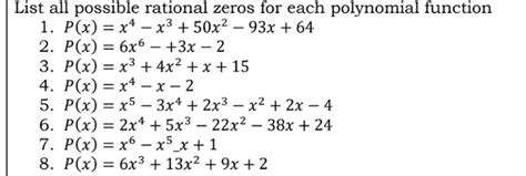 [solved] rational root theorem list all possible rational zeros for each course hero