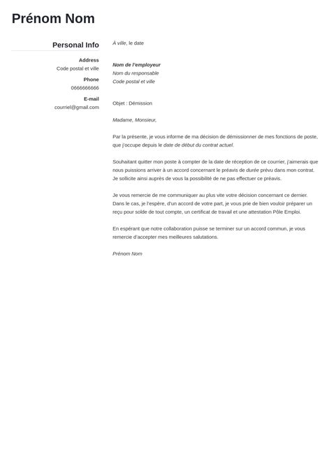 Modele D Une Lettre De Demission Sans Preavis