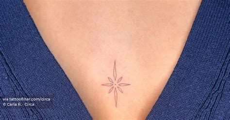 Fine Line North Star Tattoo Located On The Sternum