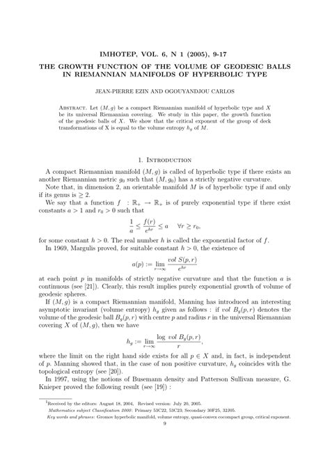 pdf the growth function of the volume of geodesic balls in riemannian manifolds of hyperbolic type