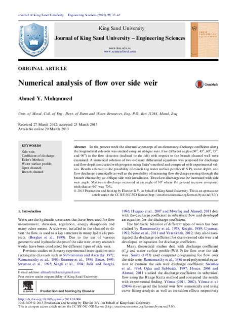 pdf numerical analysis of flow over side weir ahmed y mohammed