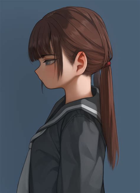 Safebooru 1girl Absurdres Brown Hair Closed Mouth Facing To The Side Grey Eyes Highres Looking