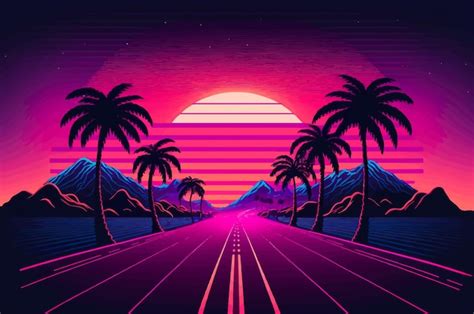 Um Carro Dirigindo Por Uma Estrada Palmeiras Retrofuturismo