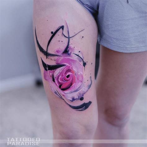 Pink Rose Tattoo Located On The Thigh Done In