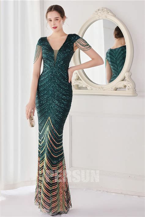 Robe de soirée sirène verte décolleté V plongeant avec mancherons à