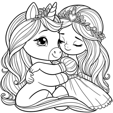 Dibujo para colorear de unicornio y princesa abrazándose
