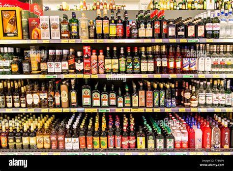 Shelf With Various Spirits Alcohol Liqueurs Supermarket Germany