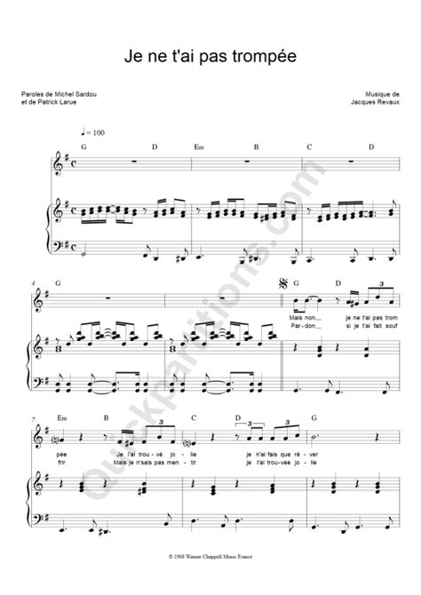 Partition piano Je ne t ai pas trompée de Michel Sardou