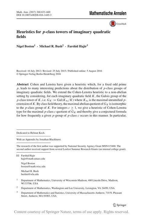 heuristics for p class towers of imaginary quadratic fields request pdf