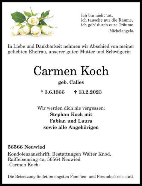 Traueranzeigen Von Carmen Koch Rz Trauer De
