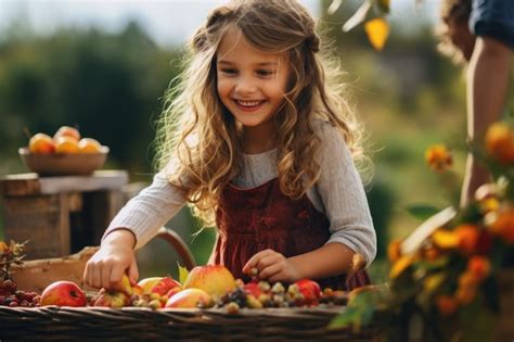 Premium Ai Image Cute Girl Pick Up Harvest Of Fruits In Autumn Farm