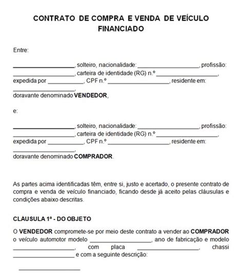Modelo de contrato de compra e venda de veículo alienado financiado