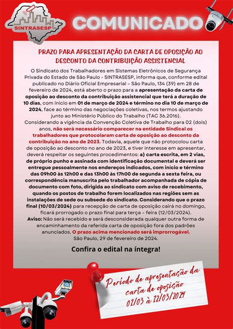 Prazo Para Apresenta O De Carta De Oposi O Sintrasesp