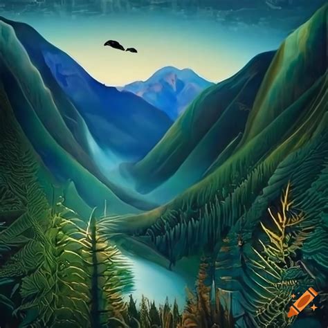 Detailed Painting Of A Mountain Valley With A River On Craiyon