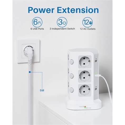 5M Câble Tour multiprise parafoudre et surtension 4000W 16A Multi