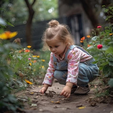 Una niña recogiendo flores en un jardín Foto Premium