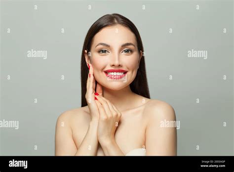 Perfect Brunette Woman With Clear Skin On White Skincare And Facial Treatment Concept Stock