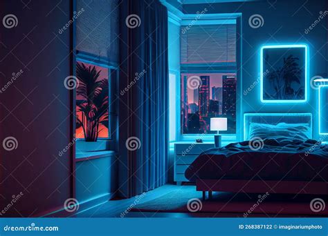 Modern Bedroom Interior With Neon Lights Glowing Ambient In The Evening Stock Illustration