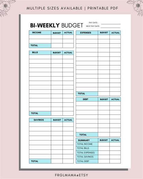 BI WEEKLY Budget Overview Template Printable Paycheck Budget Etsy