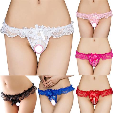 Cheap Sexy Women Crotchless Lace Thong G Strings Pearl Panties Lace