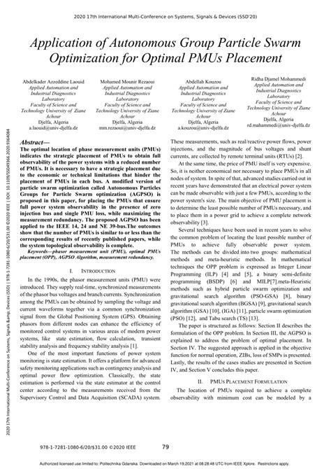 pdf application of autonomous group particle swarm optimization for optimal pmus placement