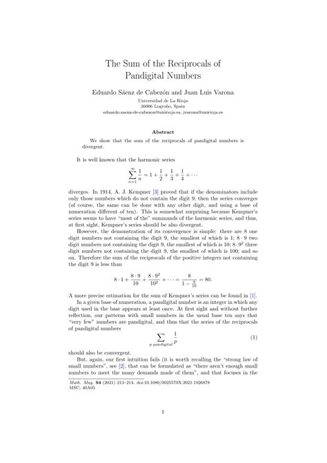 pdf the sum of the reciprocals of pandigital numbers