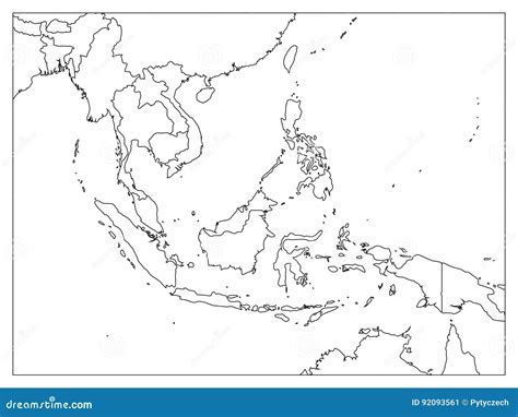 South East Asia Political Map Black Outline On White Background Stock