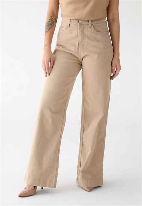 Calça Sarja Sawary Wide Leg Lisa Bege Compre Agora Dafiti Brasil